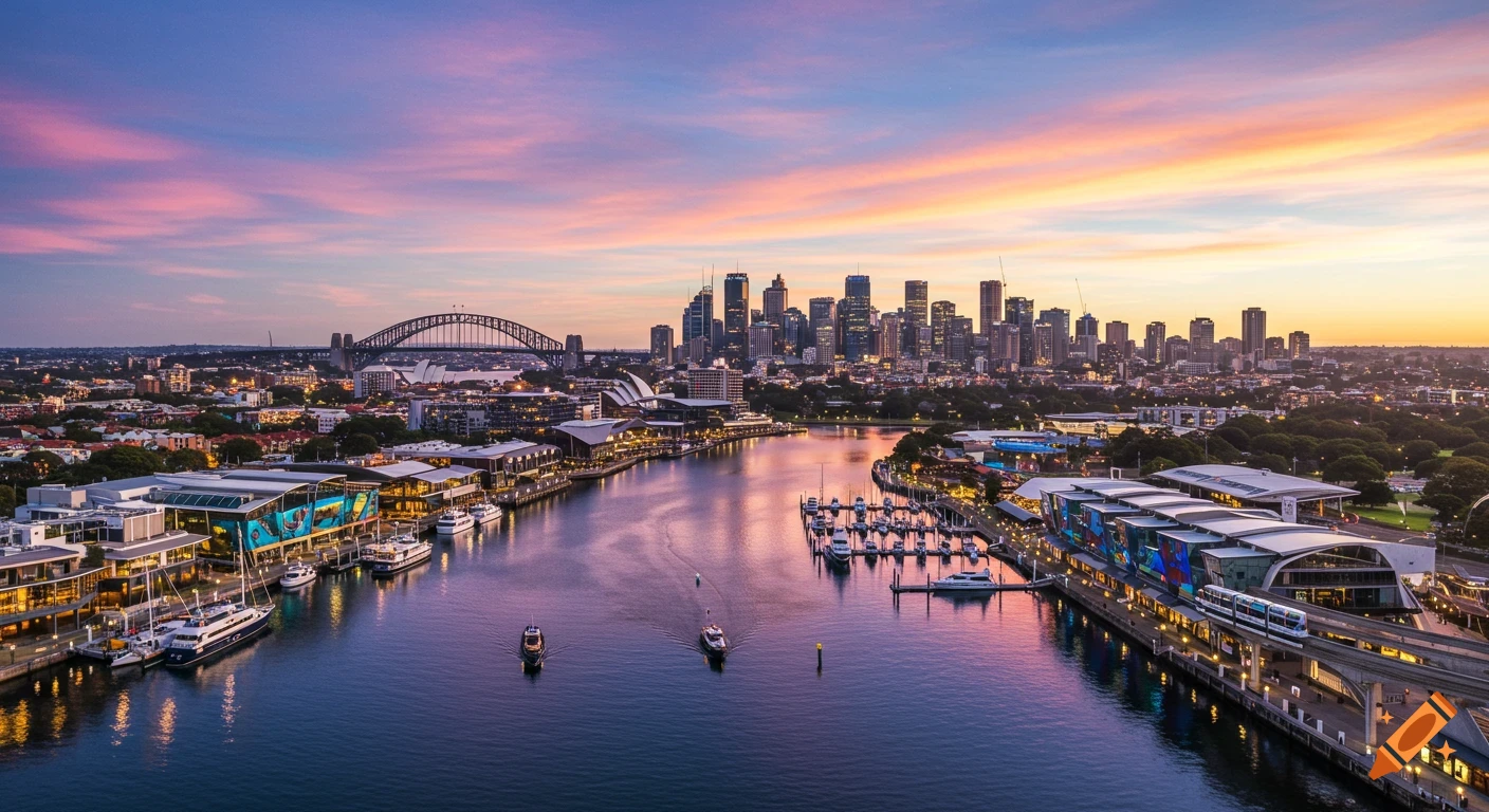 Aerial view of Darling Harbour, Sydney at sunset, showing a vibrant ...
