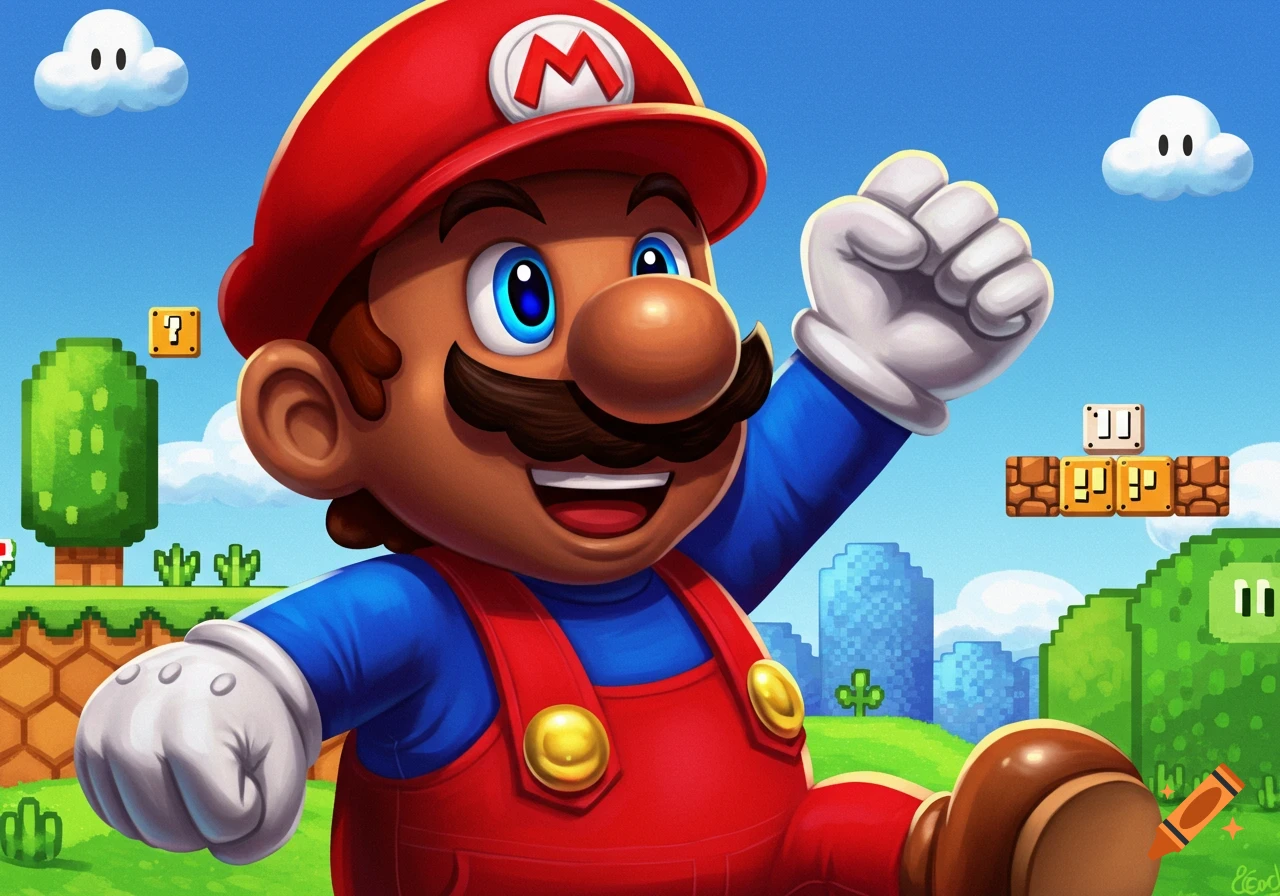 A dark-skinned Mario with bright blue eyes in his classic red and blue ...