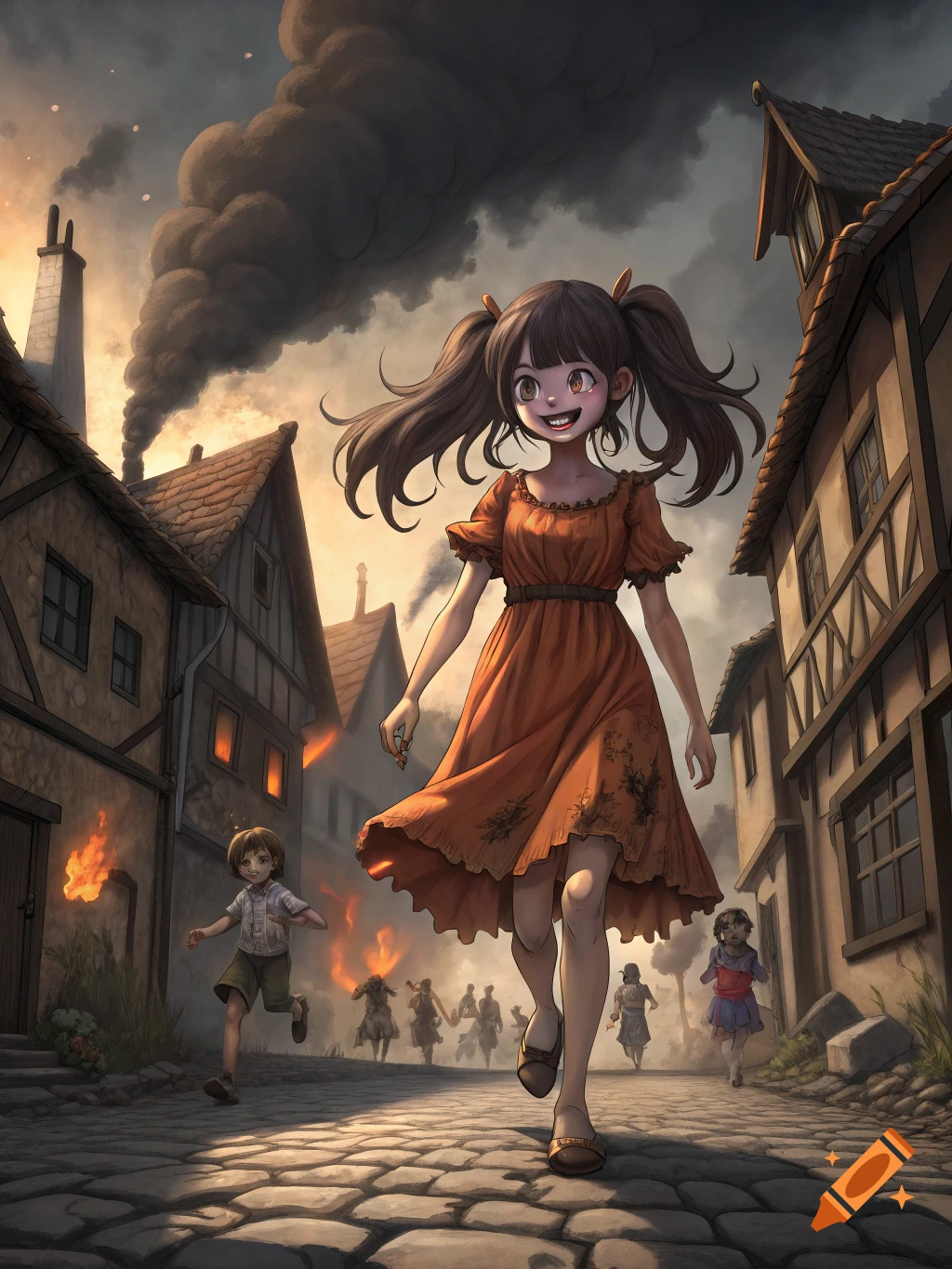 A towering anime girl with a wicked smile walks through a burning ...