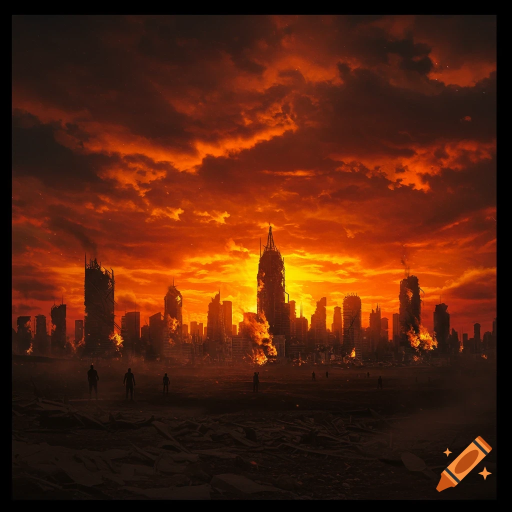 Ruined city under a fiery orange and red sky, with dark silhouettes of ...