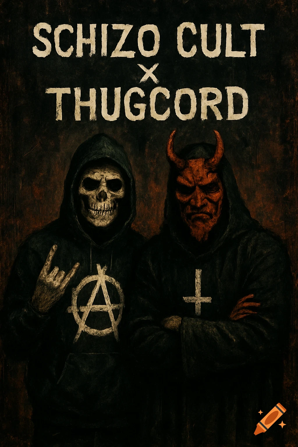 Two hooded figures, one a skull and one a red demon, stand beneath ...