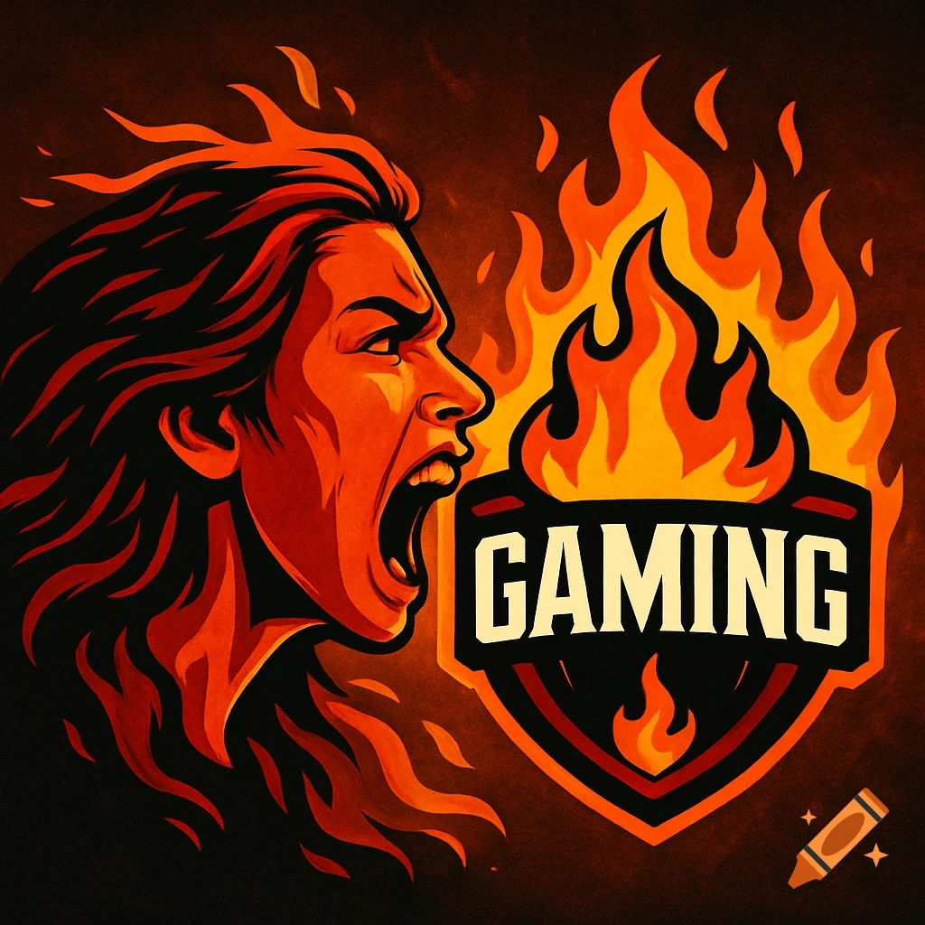 Stylized fiery red and orange gaming logo with a screaming person and a ...