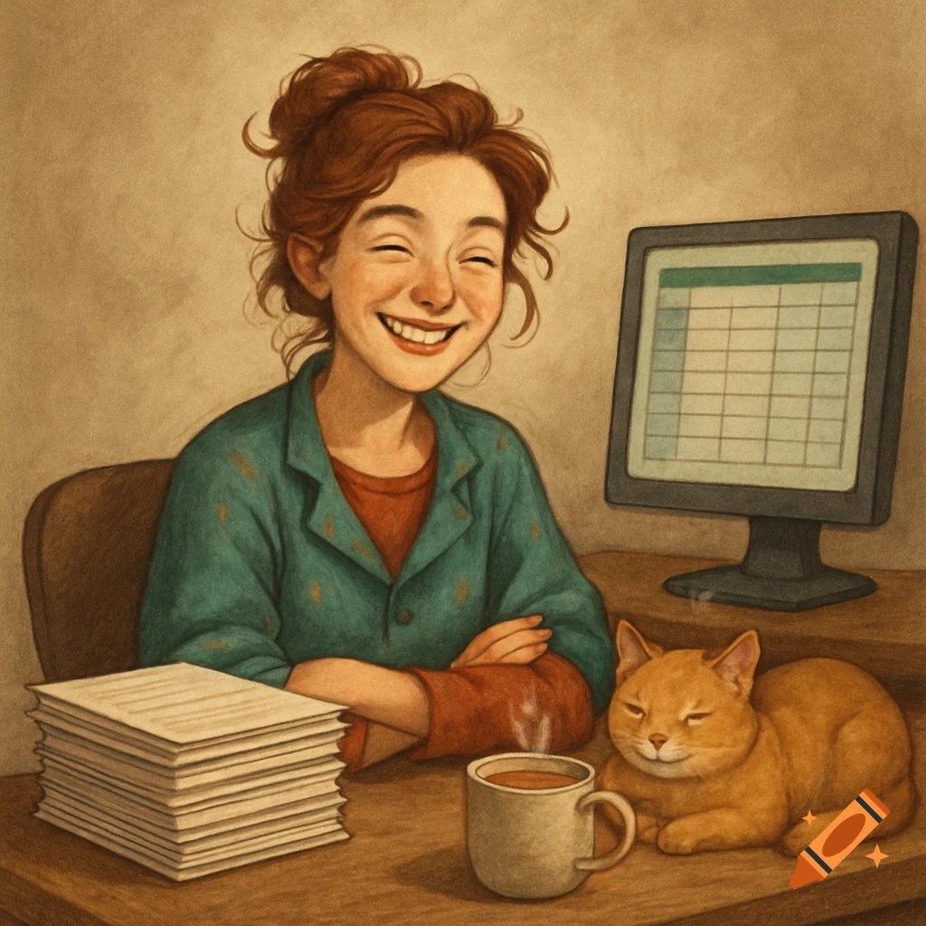 A happy, smiling woman with reddish-brown hair sits at a desk with a ...