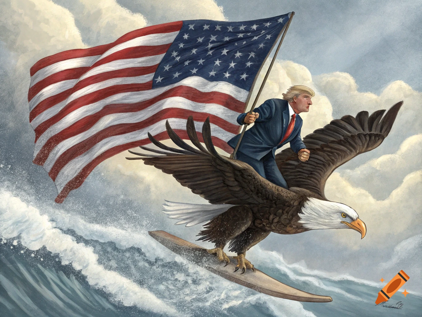 Illustration of Donald Trump surfing on a bald eagle while holding a ...