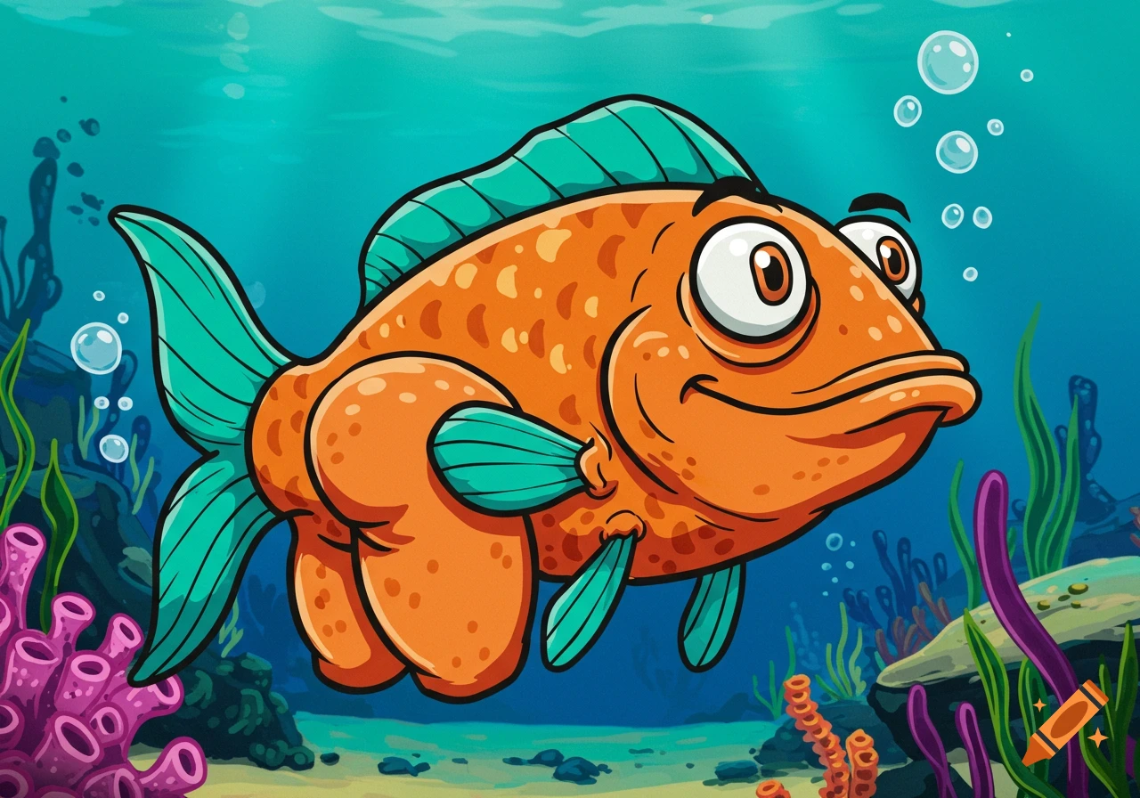 A cartoon orange fish with turquoise fins and big googly eyes swims in ...
