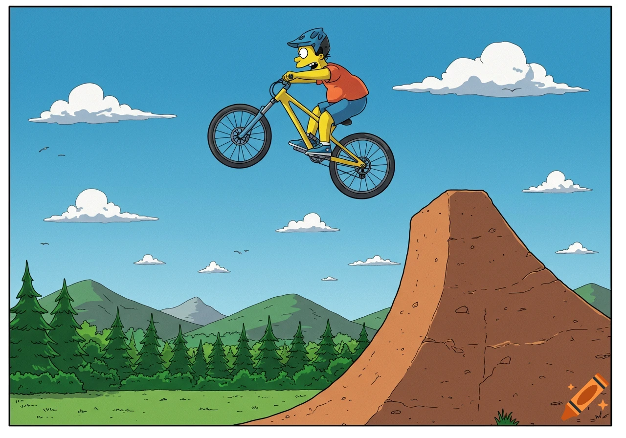 A cartoon character in the style of The Simpsons rides a yellow ...