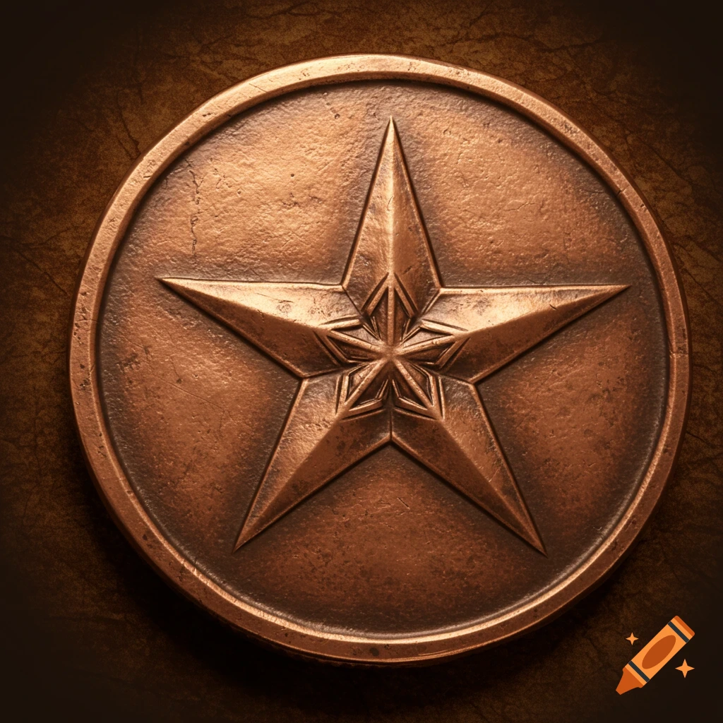 A detailed bronze-colored coin or medal with a prominent five-pointed ...