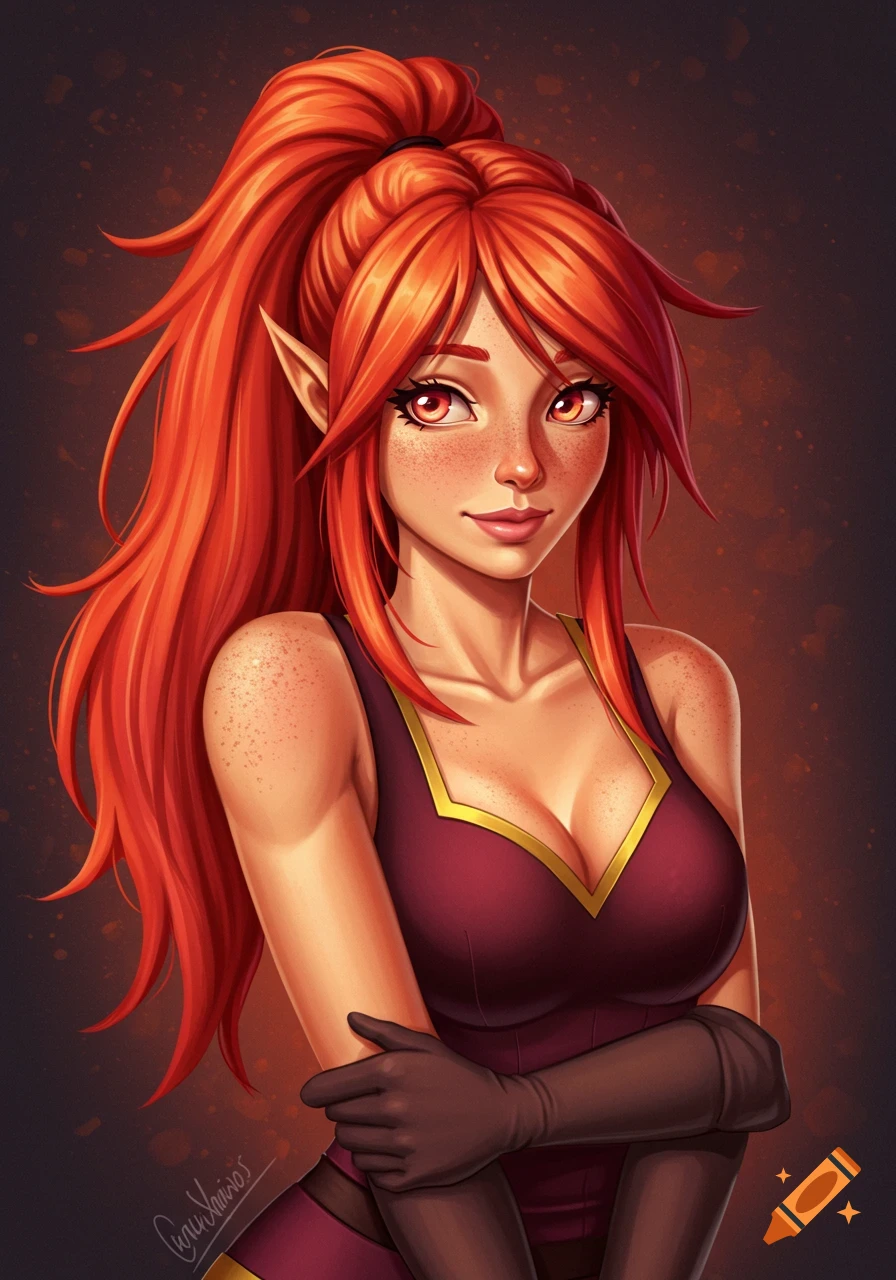 A vibrant digital portrait of a red-haired female elf with pointed ears and freckles, wearing a ...