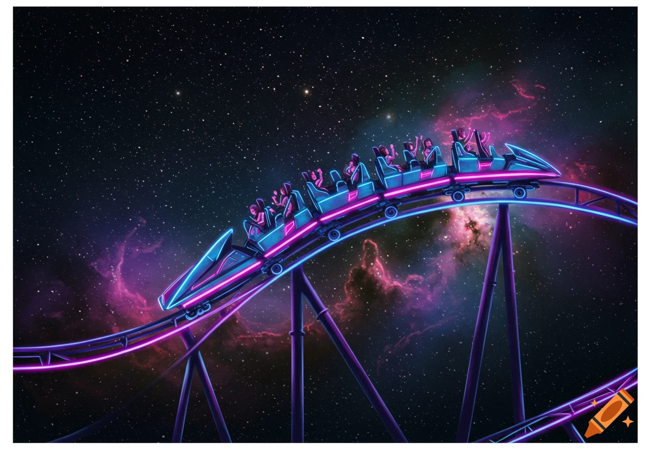 A neon-lit roller coaster with passengers speeds through a dark outer ...