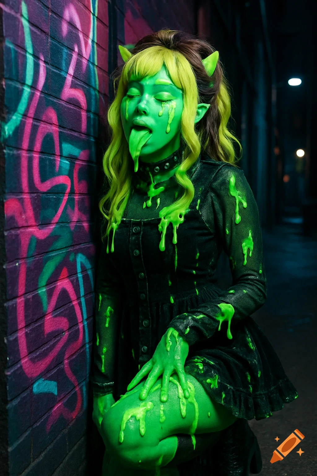 A person in green monster makeup and a black goth outfit, covered in ...