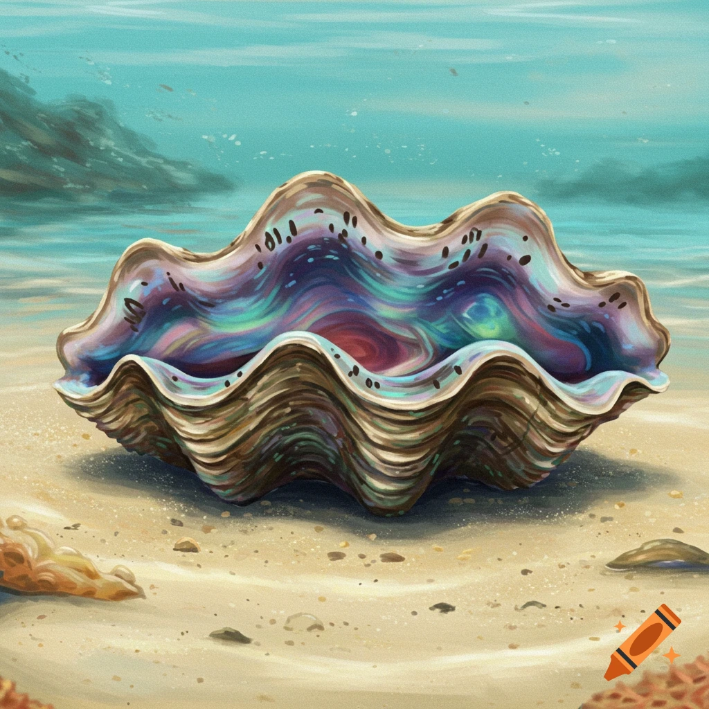 A vibrant, iridescent clam shell resting on a sandy ocean floor with ...