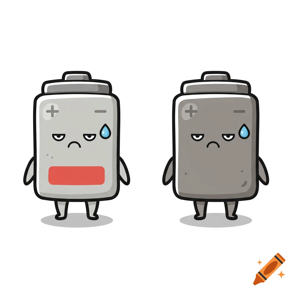 Two sad cartoon batteries, one with a red low-power indicator, stand on ...