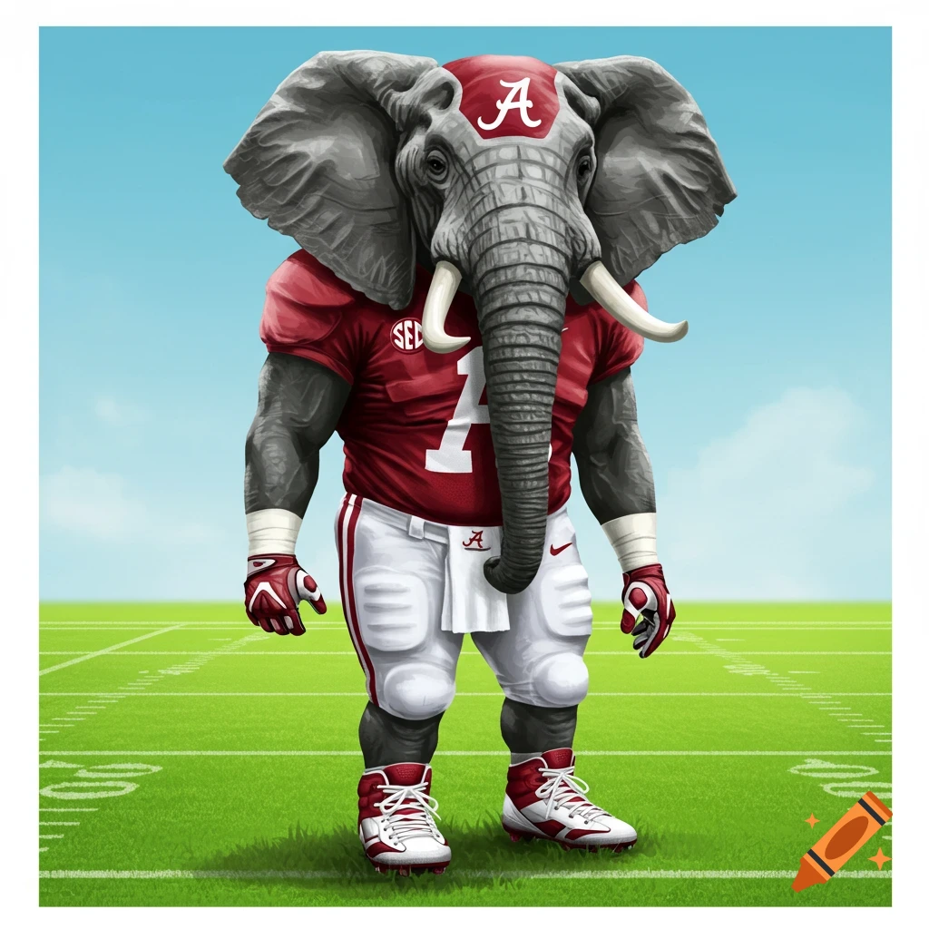 An anthropomorphic elephant football player in a red and white Alabama ...