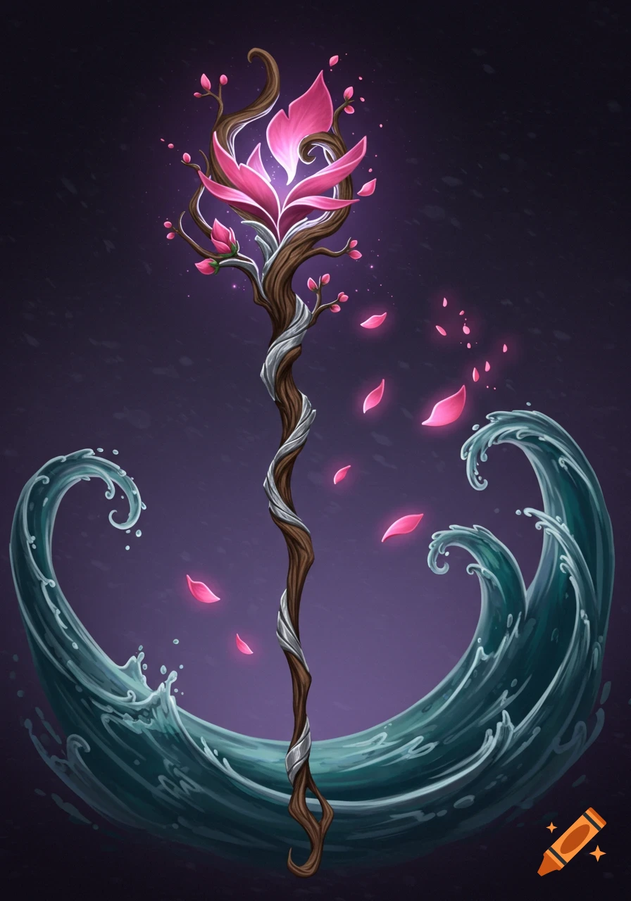 A magical staff made of twisting wood and silver bark, topped with ...