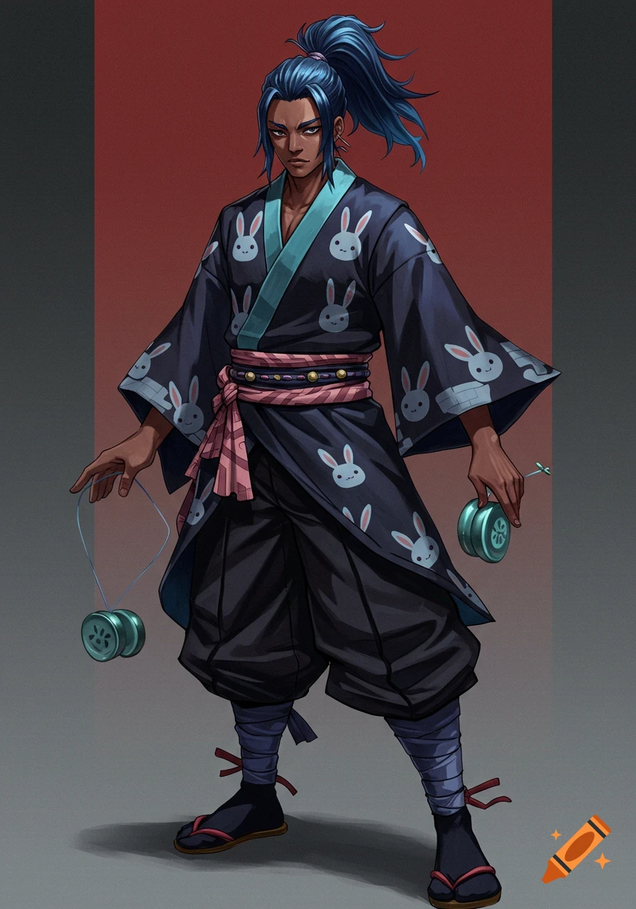 A dark-skinned character with blue hair in a ponytail, wearing a dark ...