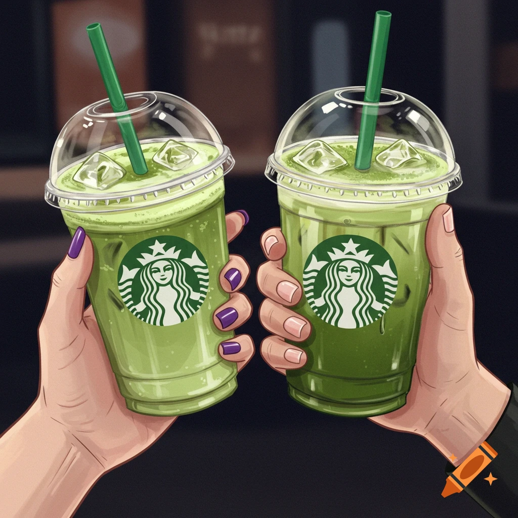 Two hands holding green iced matcha lattes in clear Starbucks cups with ...