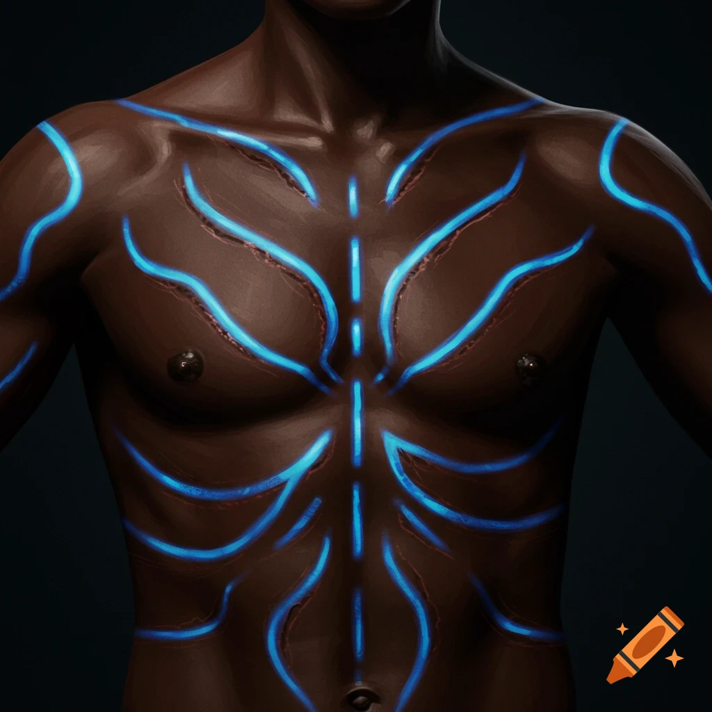 Dark-skinned muscular torso with blue glowing lines resembling scars on ...