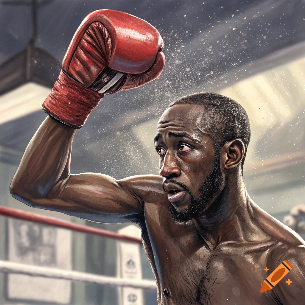 Close-up of a sweaty male boxer with a red glove raised, in a boxing ...