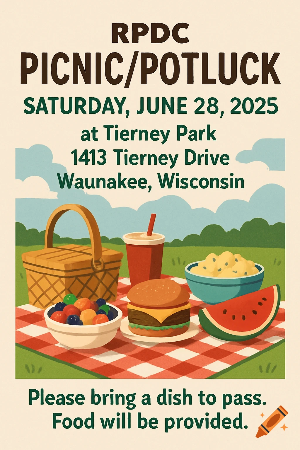 A stylized picnic poster with a picnic basket, hamburger, fruit ...