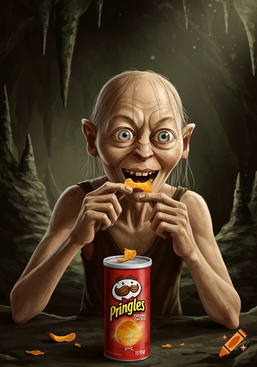 Gollum excitedly eats a Pringle chip from a can in a dark cave, in a ...