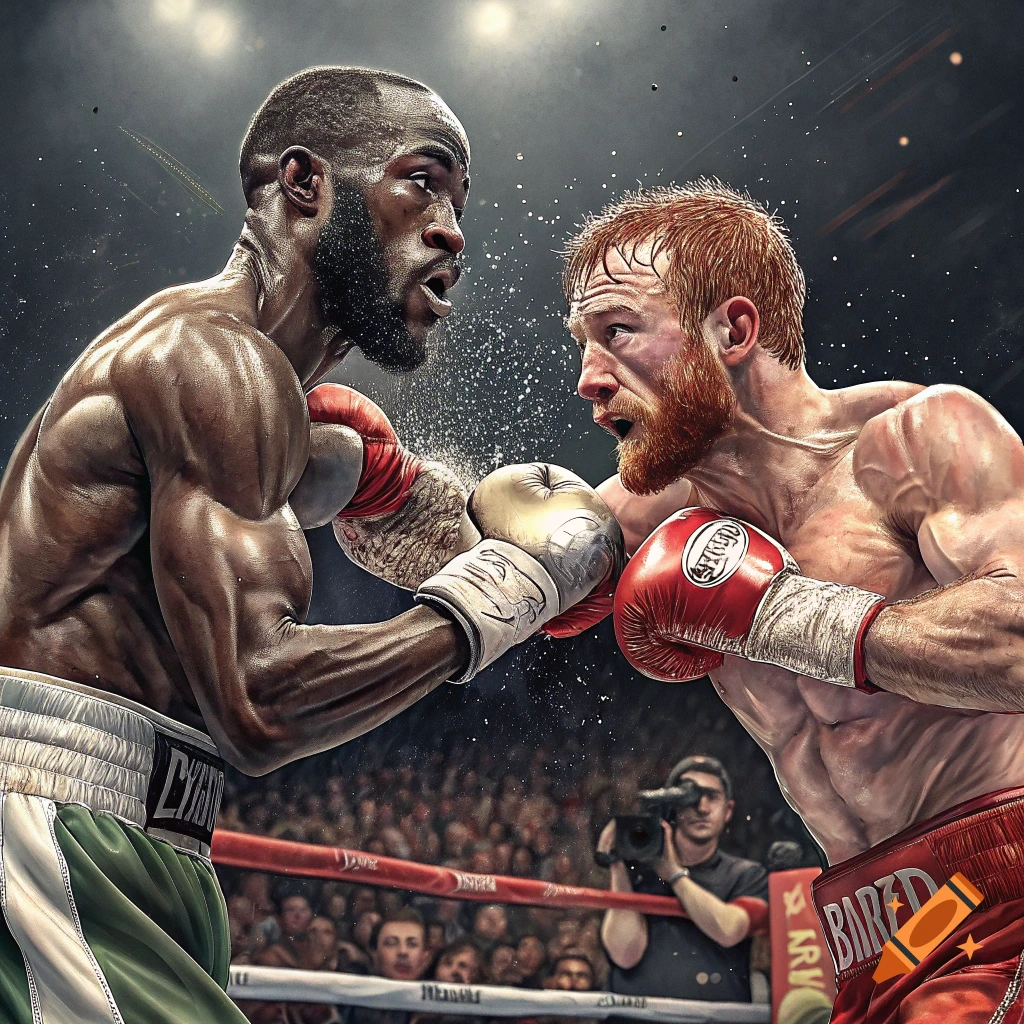 Two muscular boxers, one dark-skinned and one red-haired, exchange ...