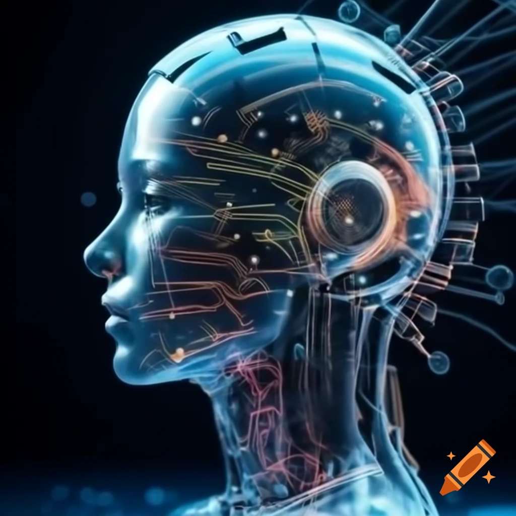 Hyper realistic transparent glass android head with LED circuits on Craiyon