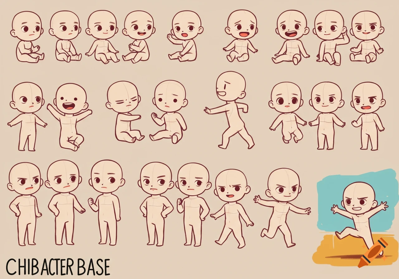 A page of male chibi character bases in various poses and expressions ...