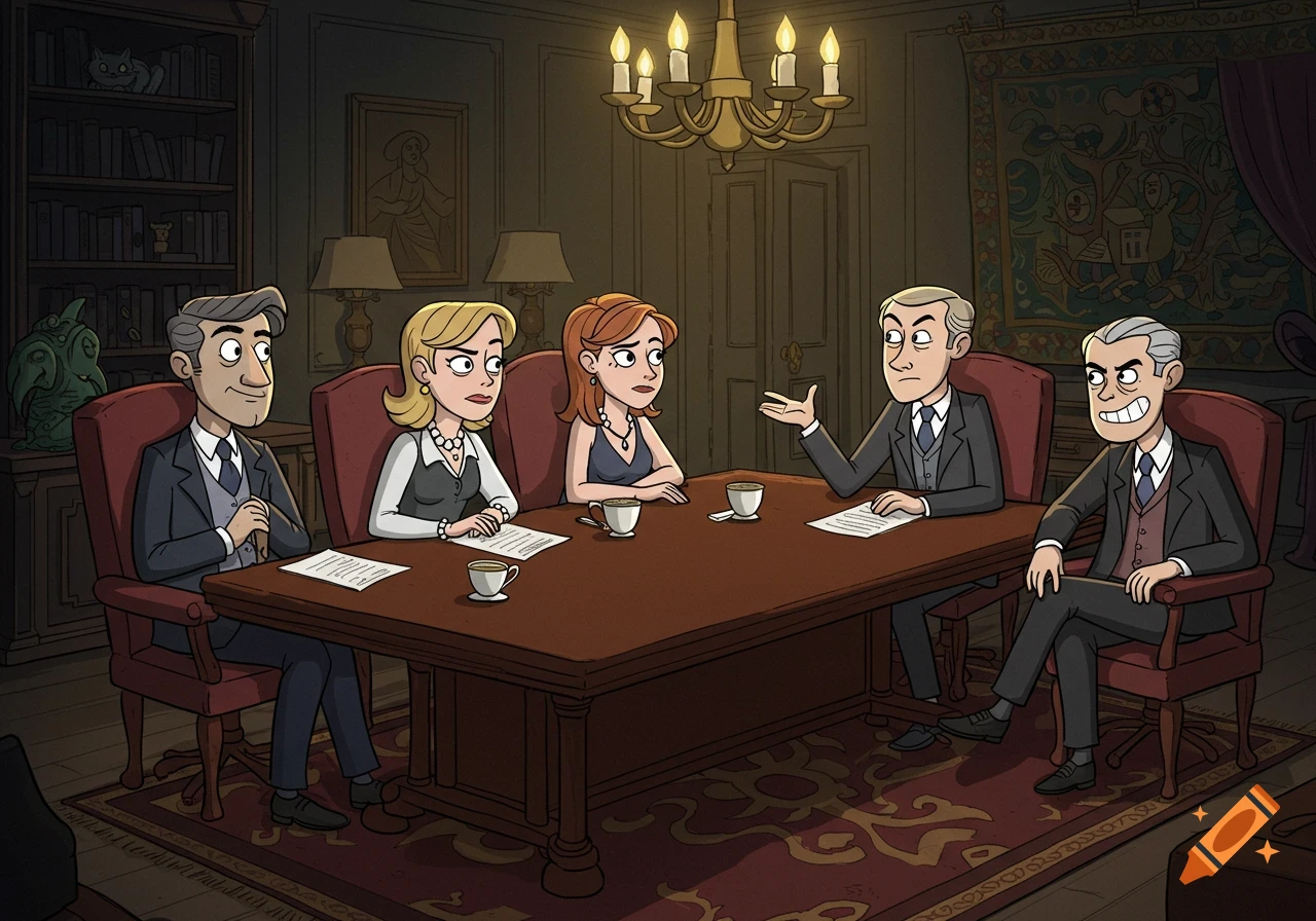 A cartoon secret committee meeting with three men and two women sitting ...