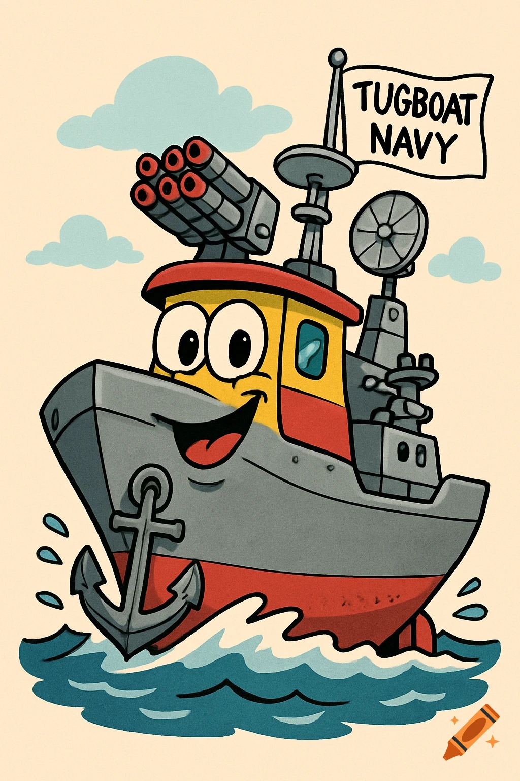 A smiling cartoon tugboat, crossed with a warship, features a missile ...