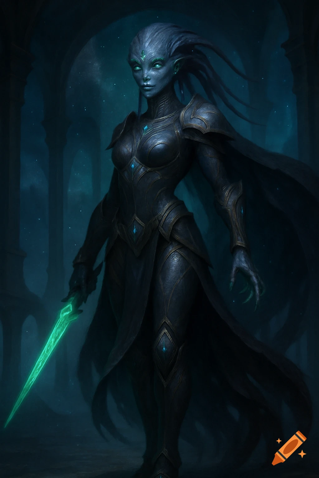 A blue-skinned alien warrior with glowing green eyes and dark armor ...