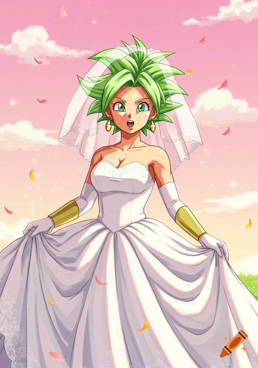 Kefla from Dragon Ball Super in a white wedding dress and veil, holding ...