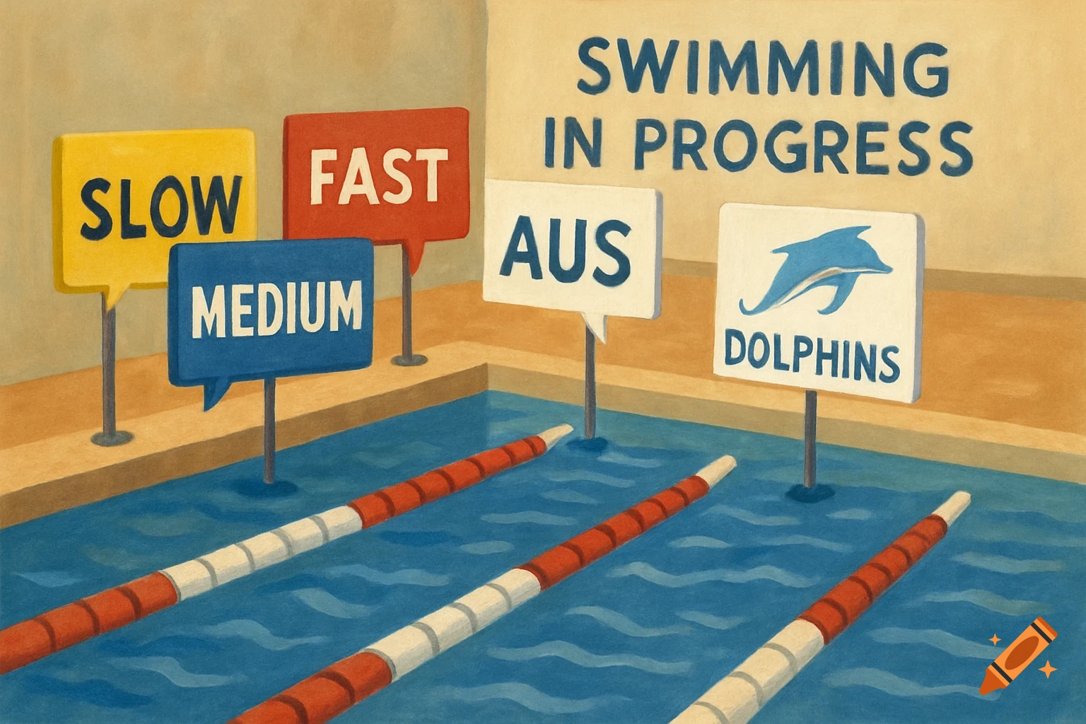 An illustration of the end of a swimming pool with signs reading 'SLOW ...