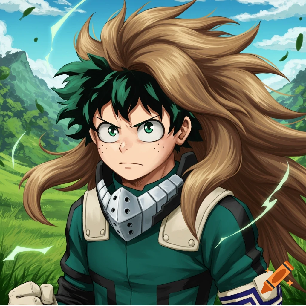 Anime portrait of Izuku Midoriya with long brown hair, wearing his hero ...