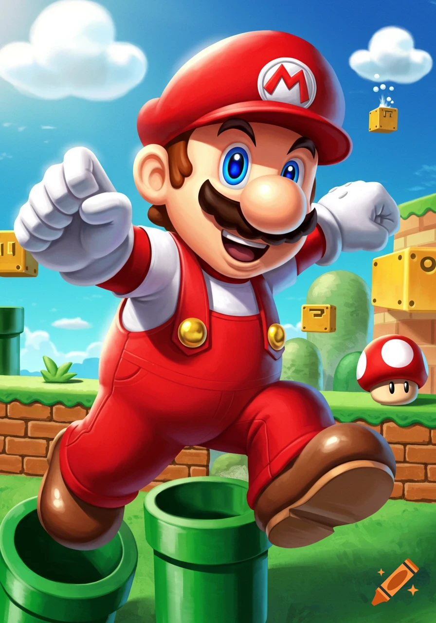 Stylized illustration of Mario leaping over green pipes in a bright ...