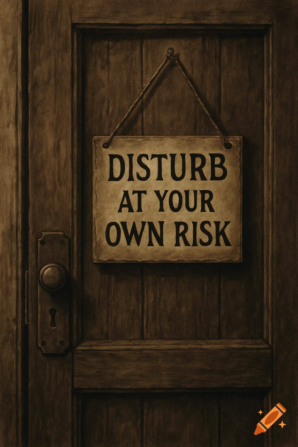 A rustic wooden door with a hanging sign that reads "DISTURB AT YOUR ...