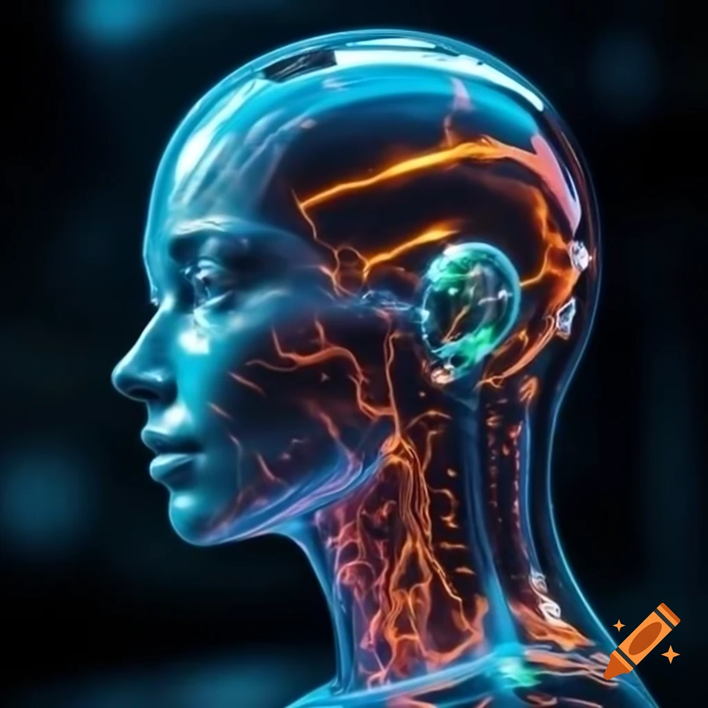 Hyper-realistic android head made of transparent ceramic glass with ...