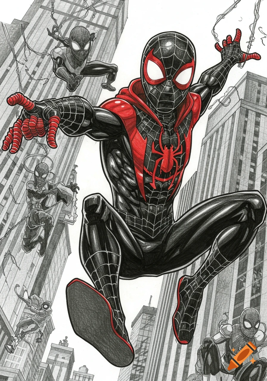 Miles Morales, in his black and red Spider-Man suit, leaps through a ...