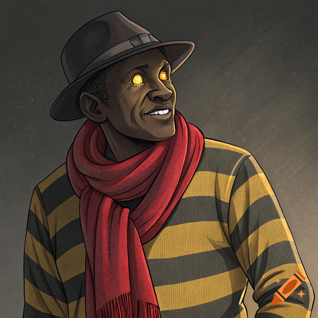 A stylized illustration of a Black man wearing a fedora, red scarf, and striped sweater with ...