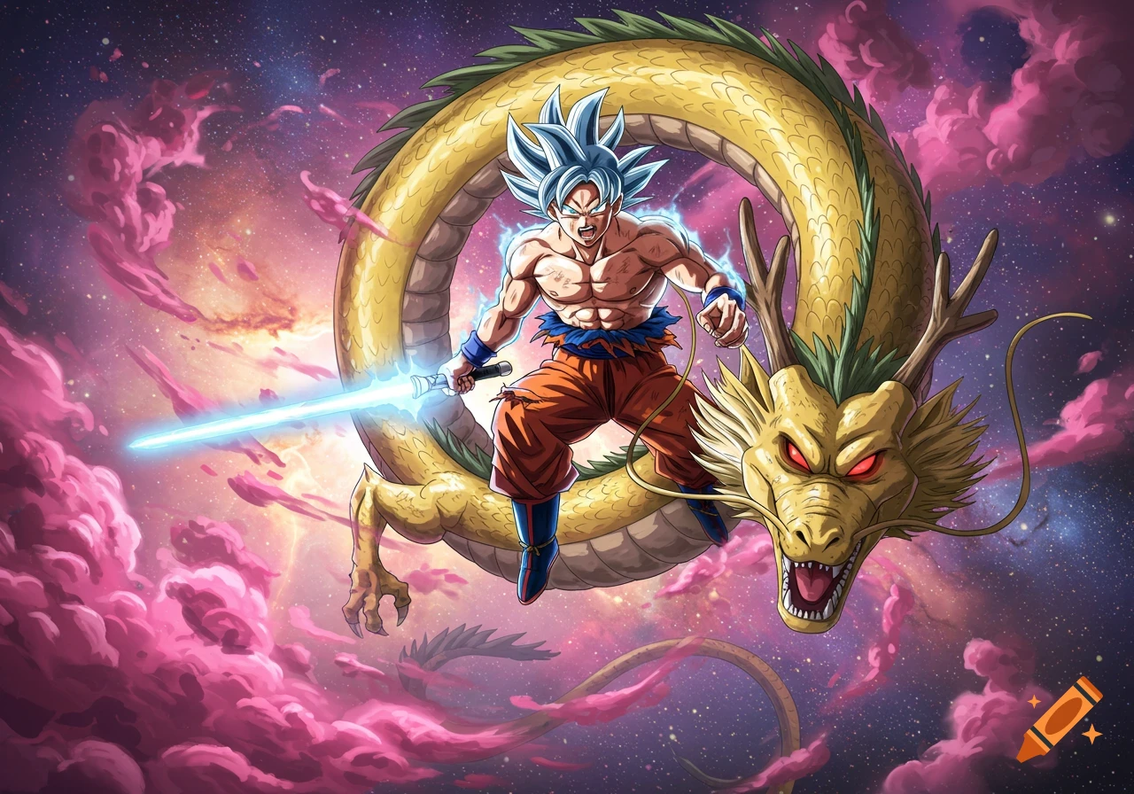 Goku in Ultra Instinct form rides a golden dragon, holding a glowing ...