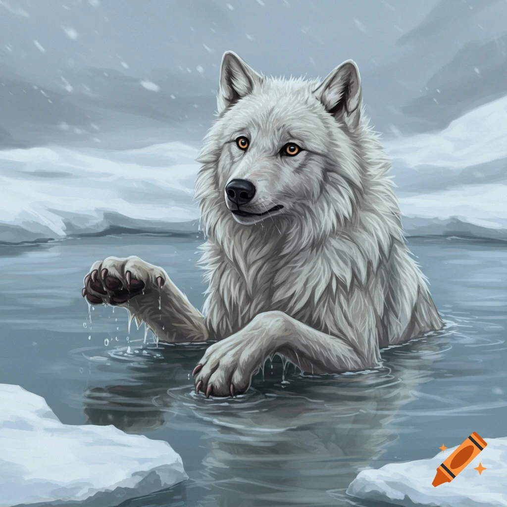 An arctic wolf partially submerged in icy water, with snow and ice ...