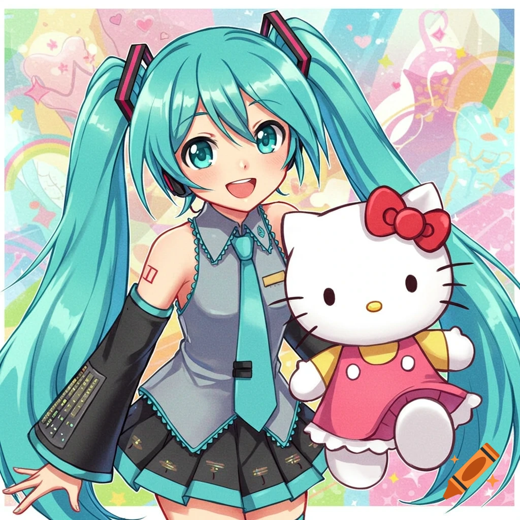 Hatsune Miku in a teal outfit smiling, holding a Hello Kitty doll ...