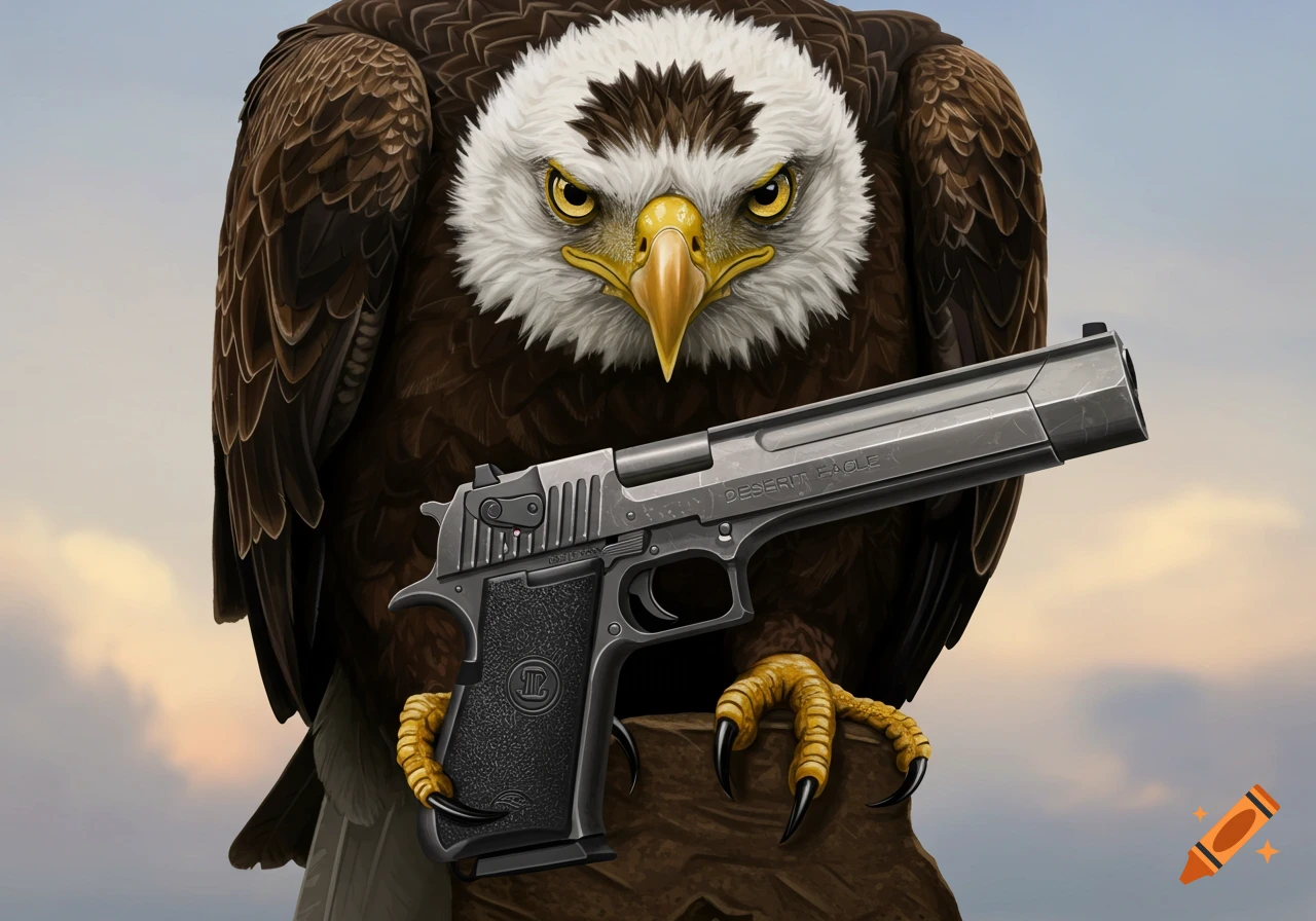 A menacing bald eagle holds a Desert Eagle pistol with its talons ...