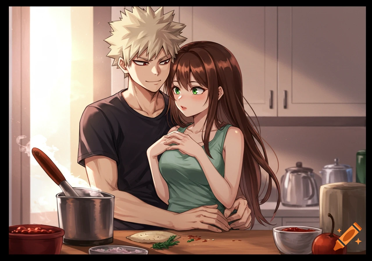 Katsuki Bakugo embracing a girl with long brown hair and green eyes in ...