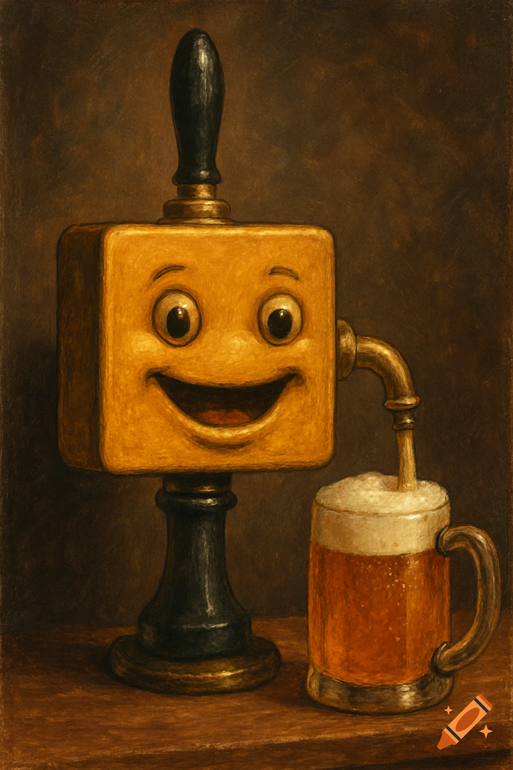 A cheerful, square-shaped golden beer tap with a happy face pours beer ...
