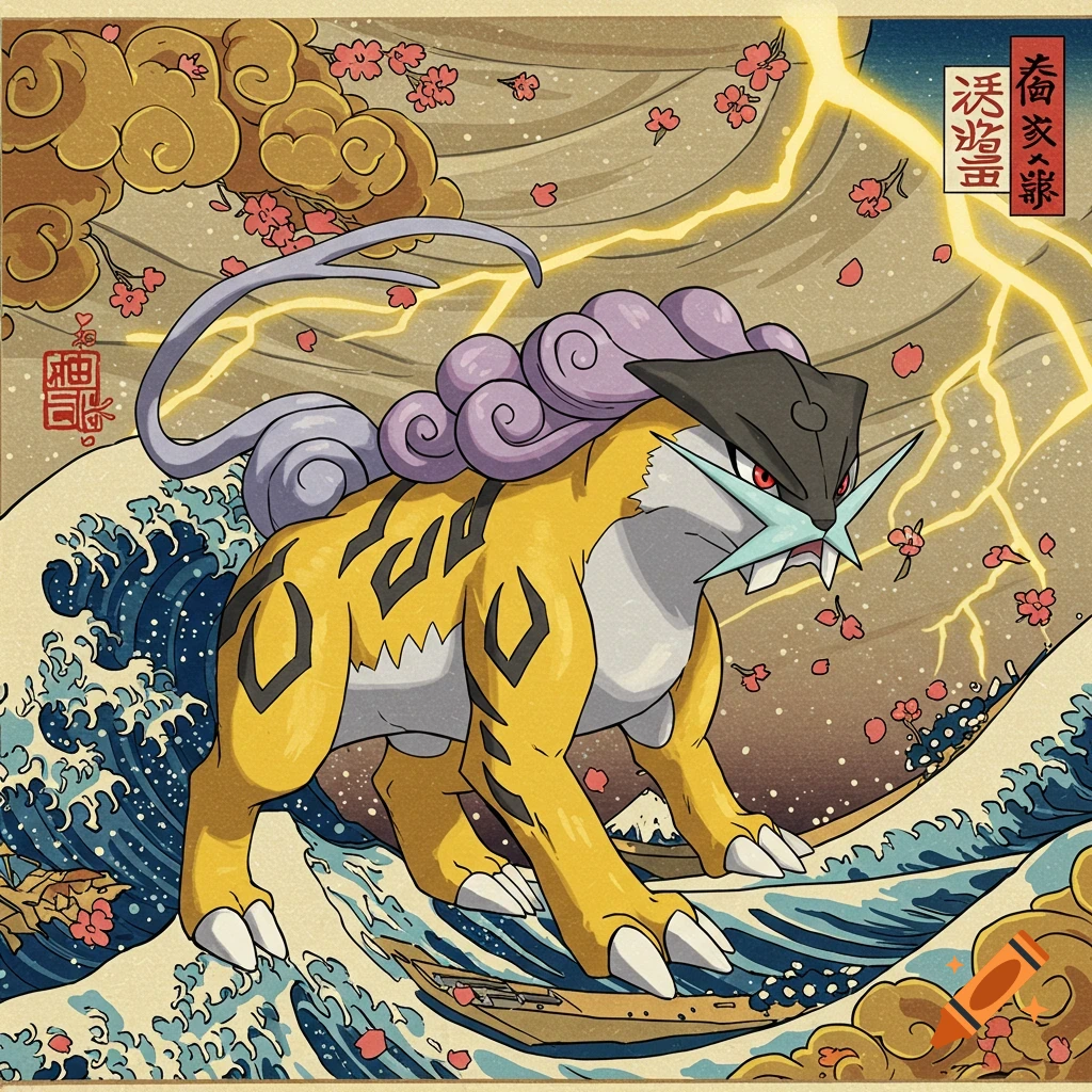 Raikou, the legendary electric Pokemon, in a stylized Ukiyo-e art print ...