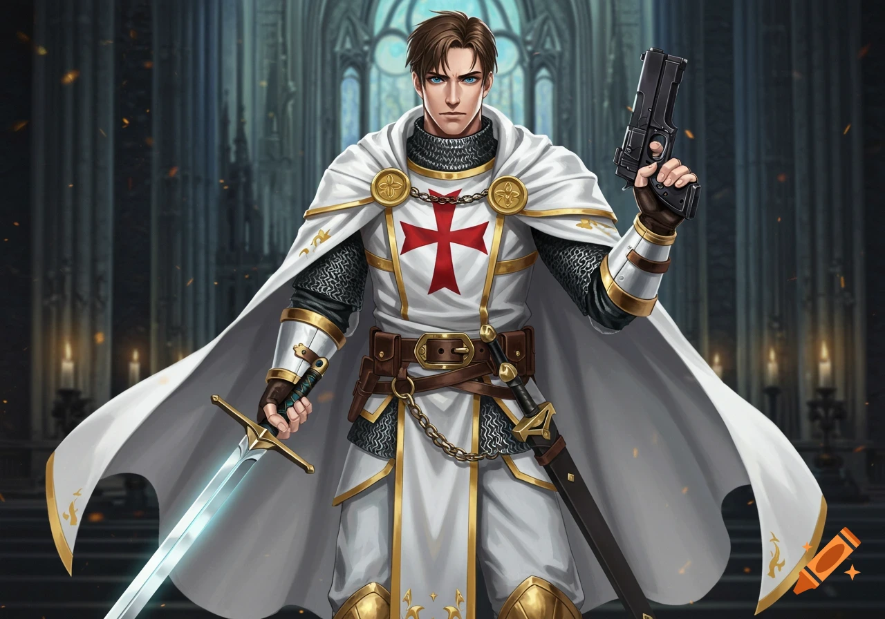 Anime-style male character in white Templar armor holding a sword and a ...