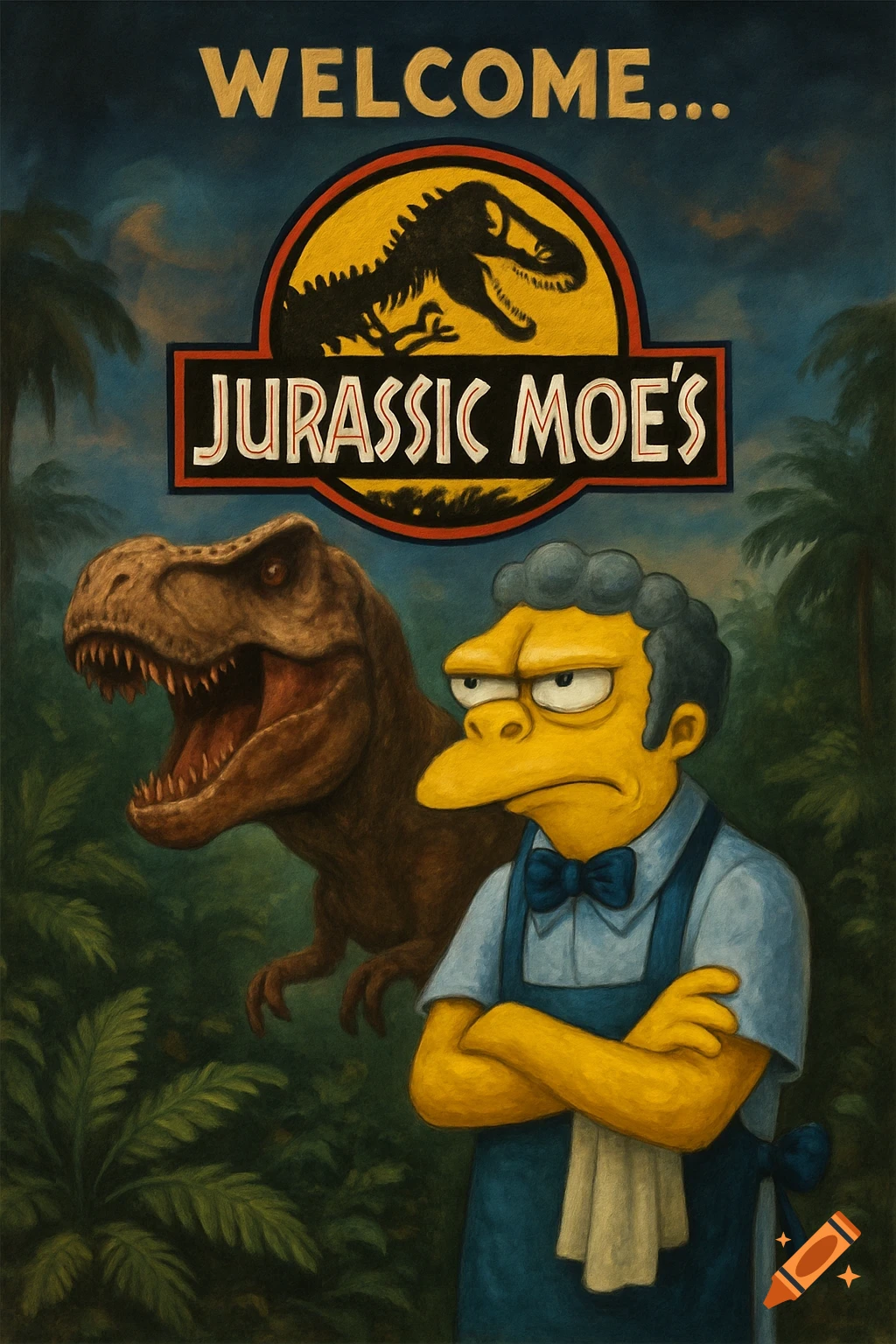 A painted illustration in the style of a Jurassic Park movie poster ...