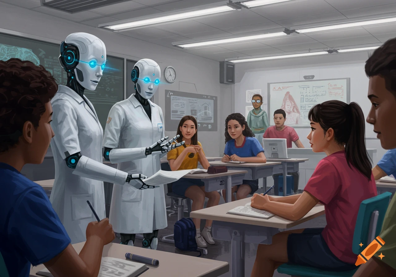 Two humanoid robots in white lab coats teach students in a brightly lit ...
