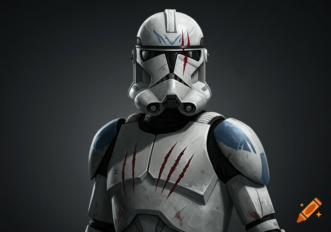 A detailed illustration of a Star Wars clone trooper with blue markings ...