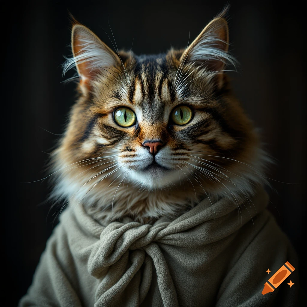 A photorealistic portrait of a fluffy tabby cat with vibrant green eyes ...